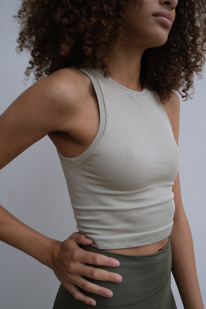 LUMINOUS Taupe Ribbed Top | Scoop Neck with Piping Detail | Versatile ...